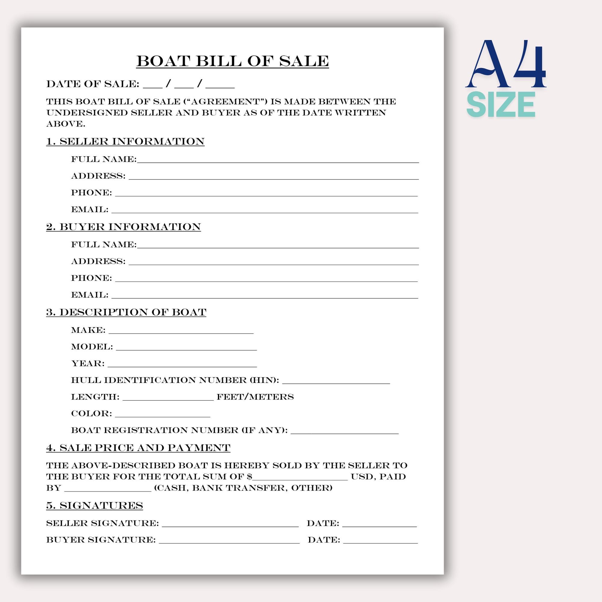 Printable Boat Bill of Sale Template | Editable Legal Form for Vessel ...