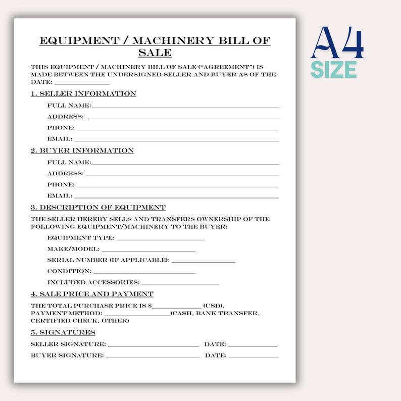 Equipment Bill of Sale Template | Machinery Sale Contract | Printable ...