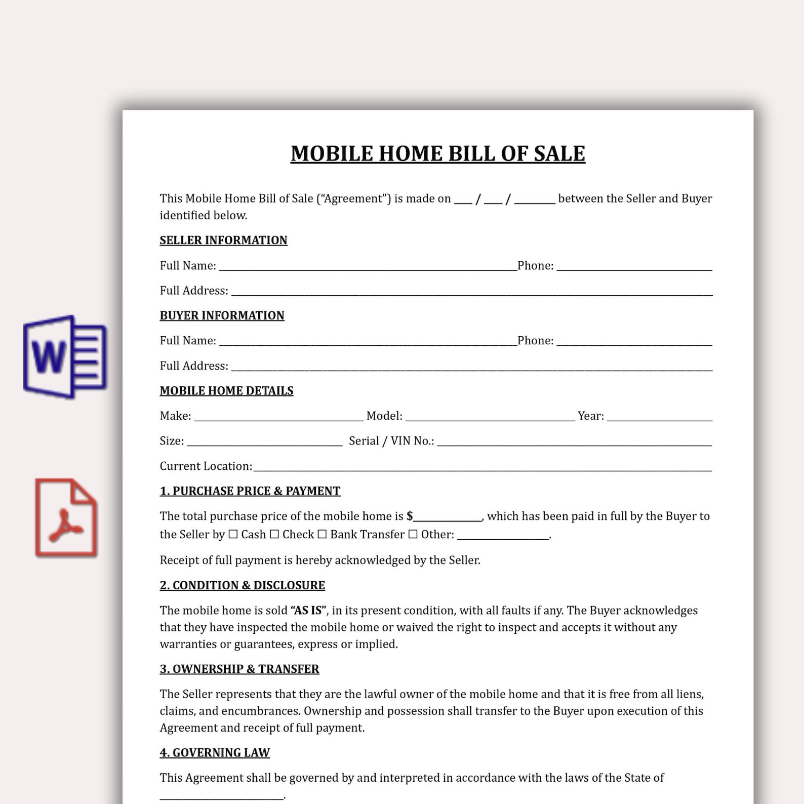 Mobile Home Bill of Sale, Printable Manufactured Home Sale Form ...