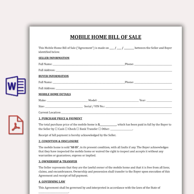 Mobile Home Bill of Sale, Printable Manufactured Home Sale Form ...