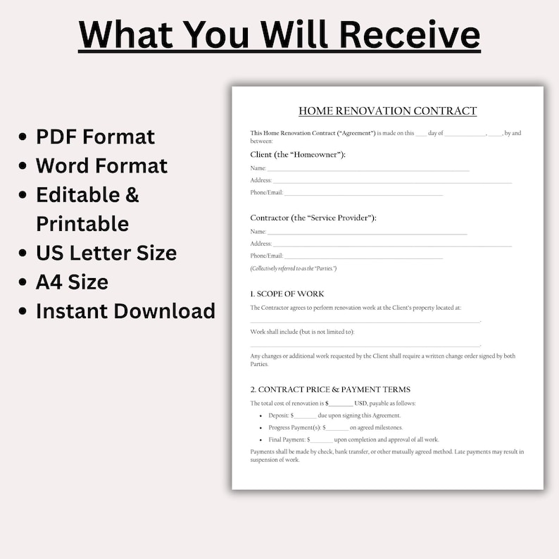 Home Renovation Contract Template, Remodeling Contractor Agreement ...