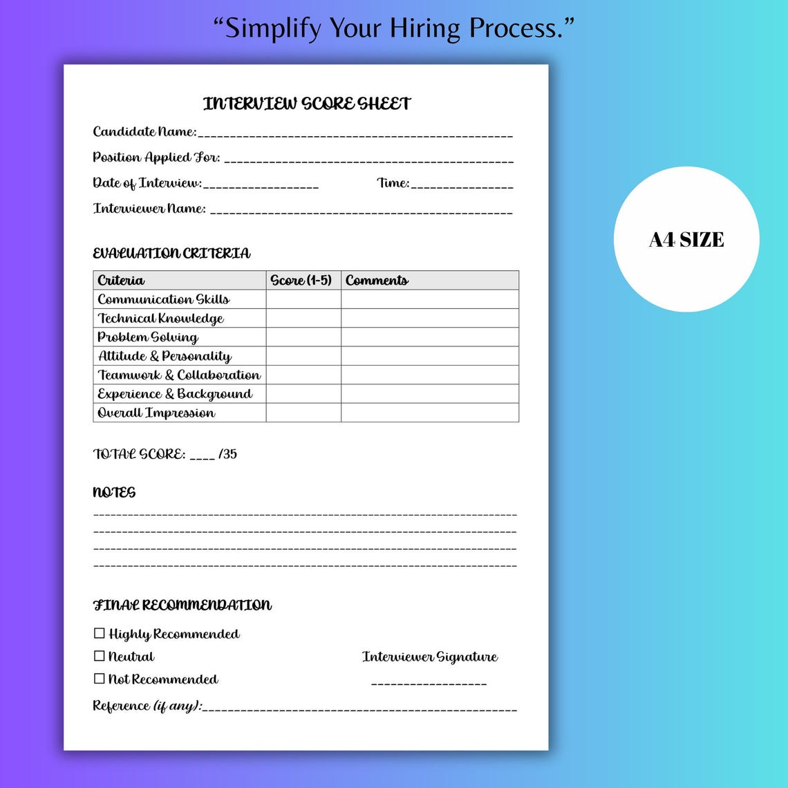 Interview Score Sheet Template | HR Candidate Evaluation Form | Job ...
