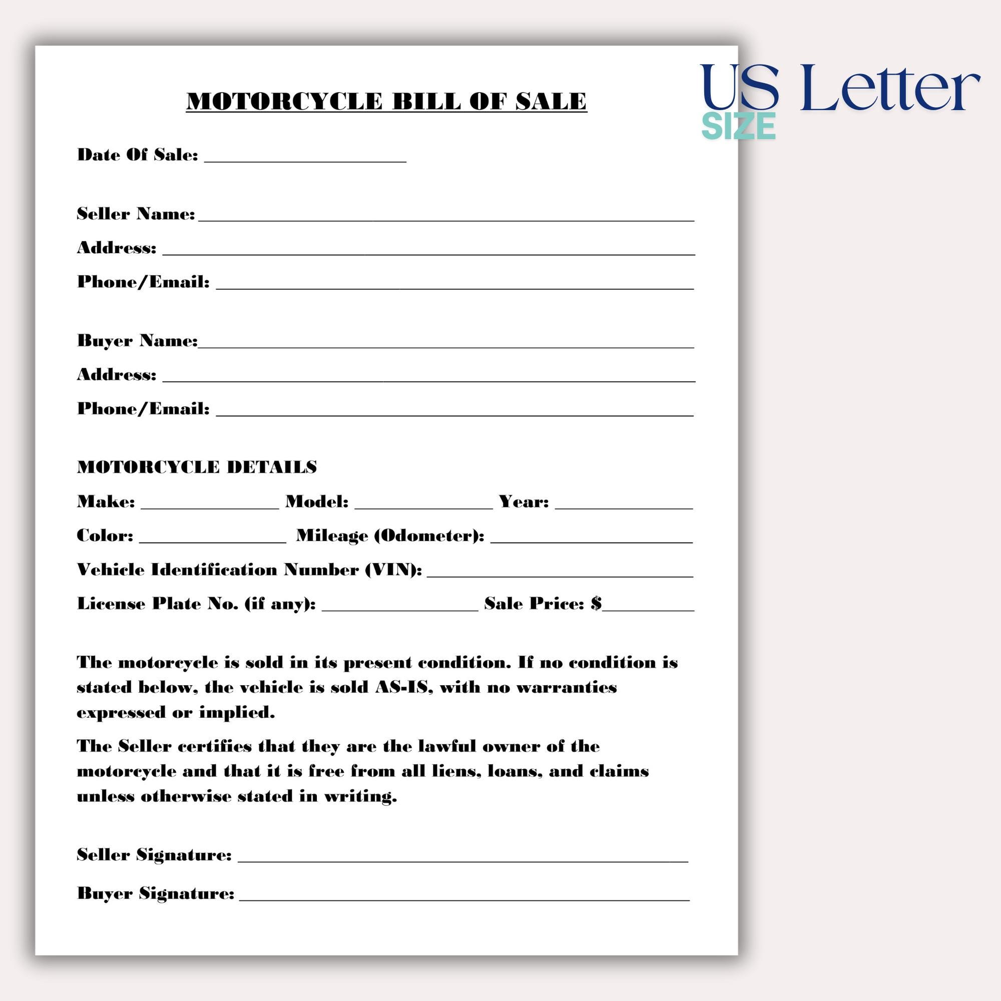 Motorcycle Bill of Sale Template, Printable Motor Vehicle Sale Contract ...