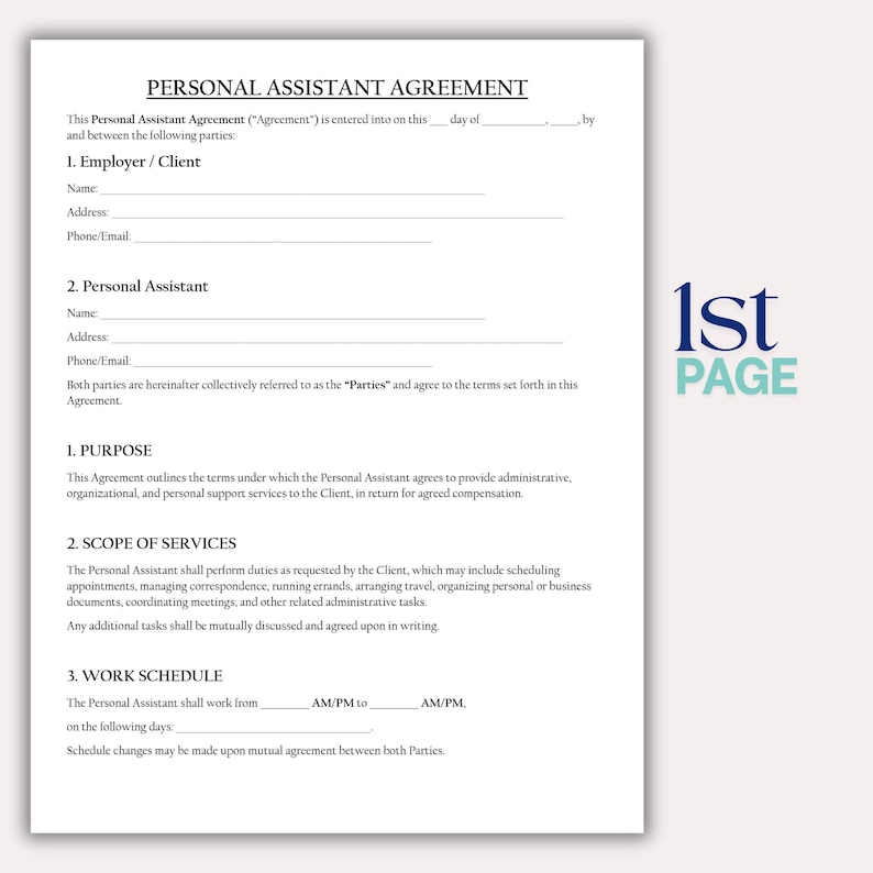 Personal Assistant Agreement Template, Executive Assistant Contract PDF ...