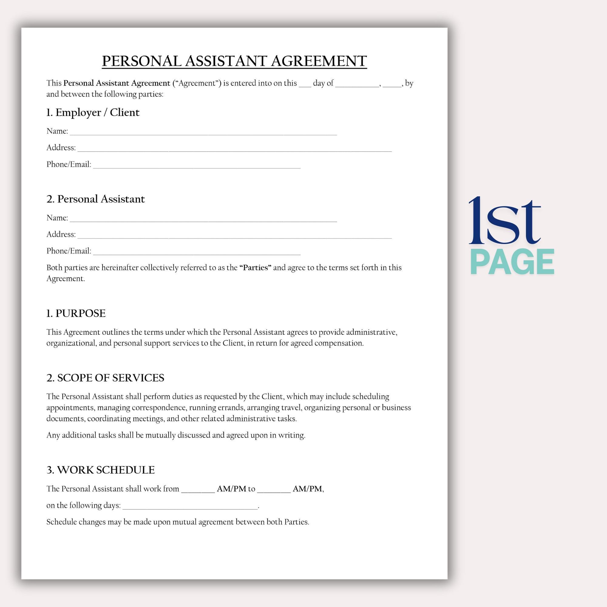 Personal Assistant Agreement Template, Executive Assistant Contract PDF ...