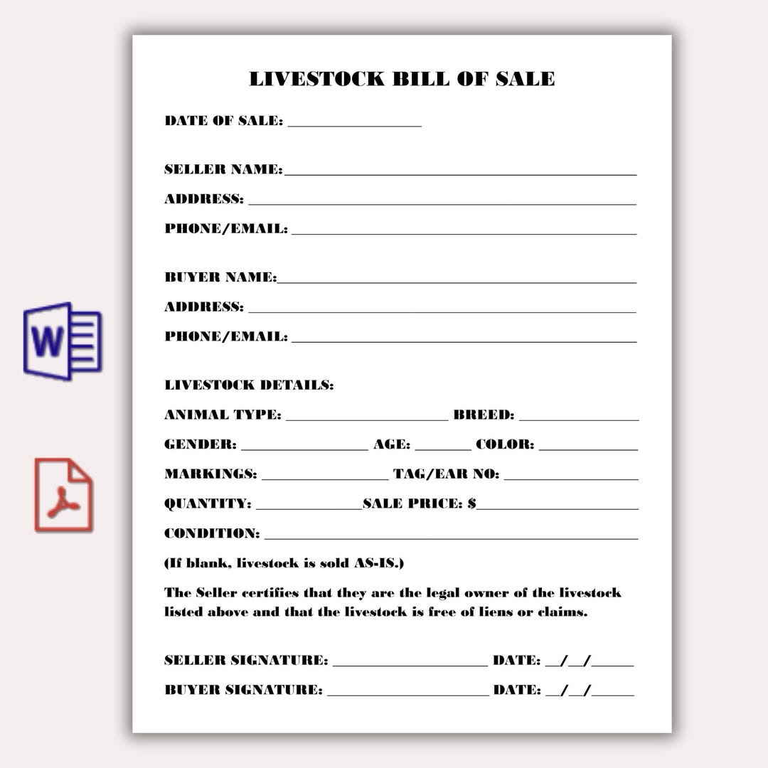 Livestock Bill of Sale Template, Printable Animal Bill of Sale Form PDF ...