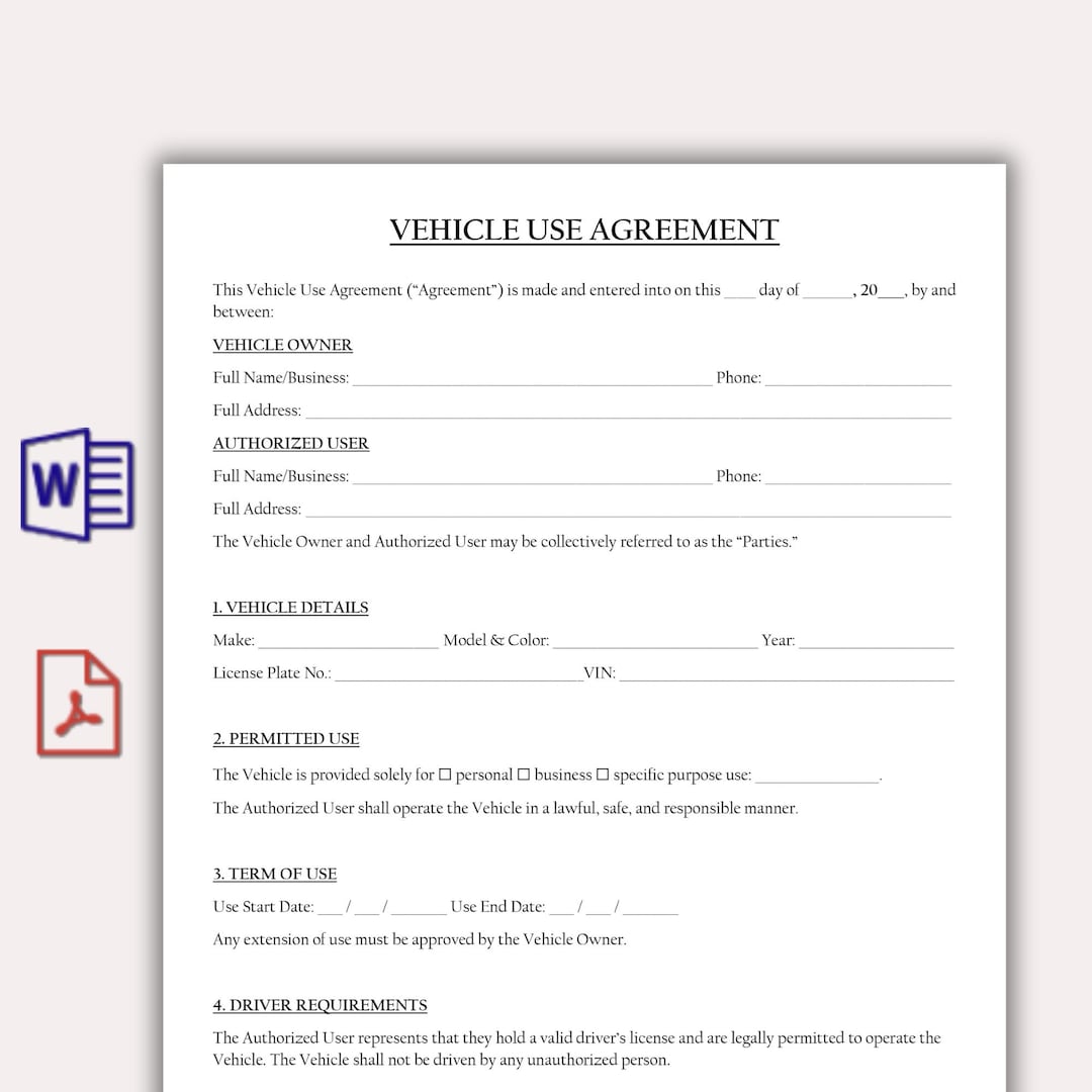 Vehicle Use Agreement Template, Editable Company Vehicle Agreement ...
