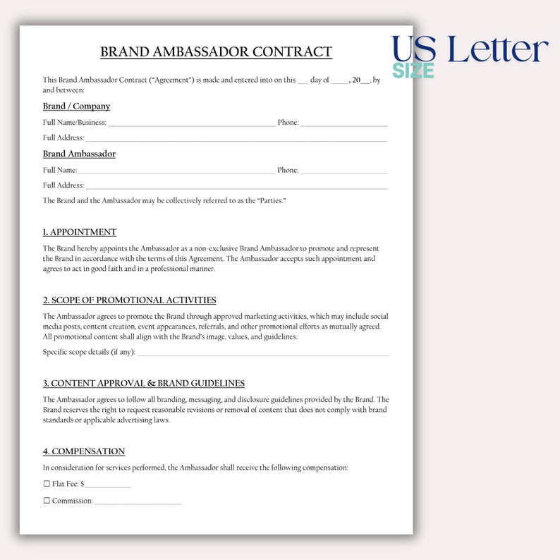 Printable Brand Ambassador Contract, Customizable Collaboration ...