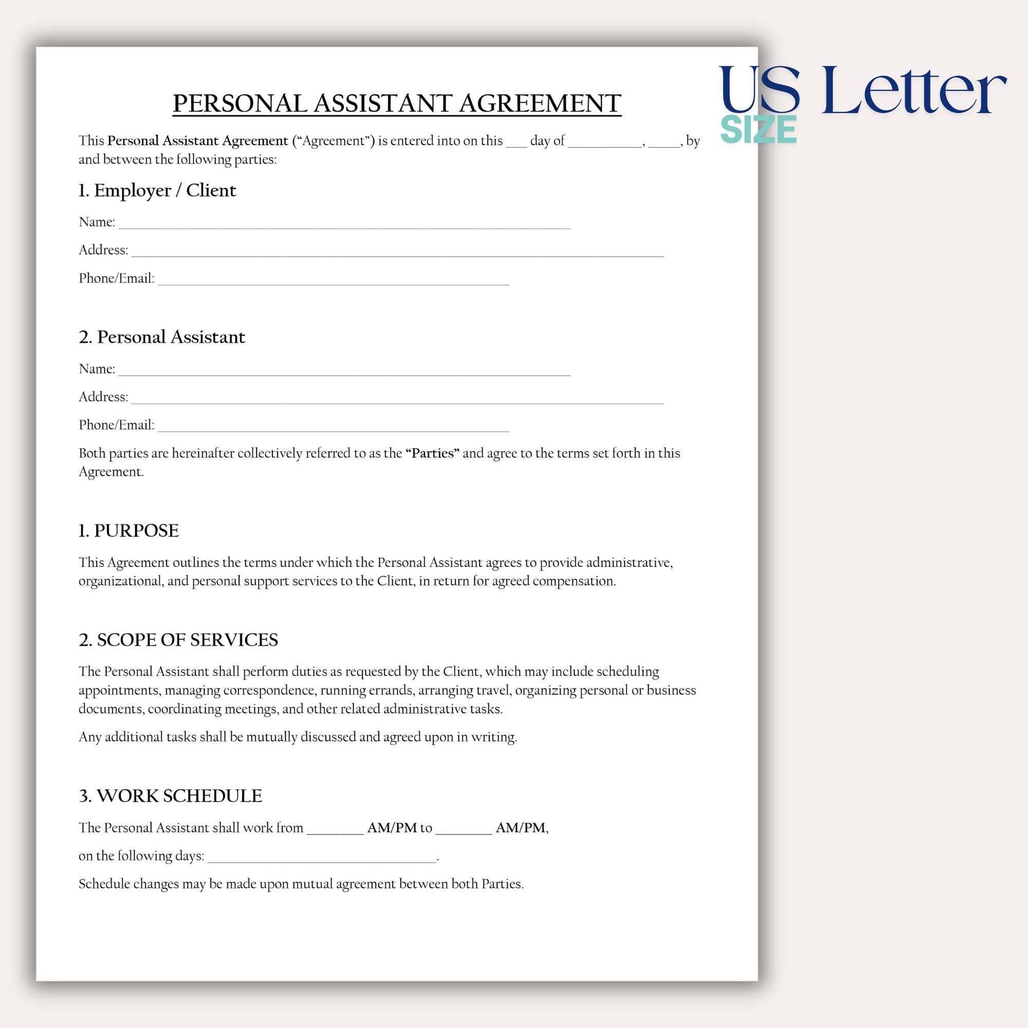 Personal Assistant Agreement Template, Executive Assistant Contract PDF ...
