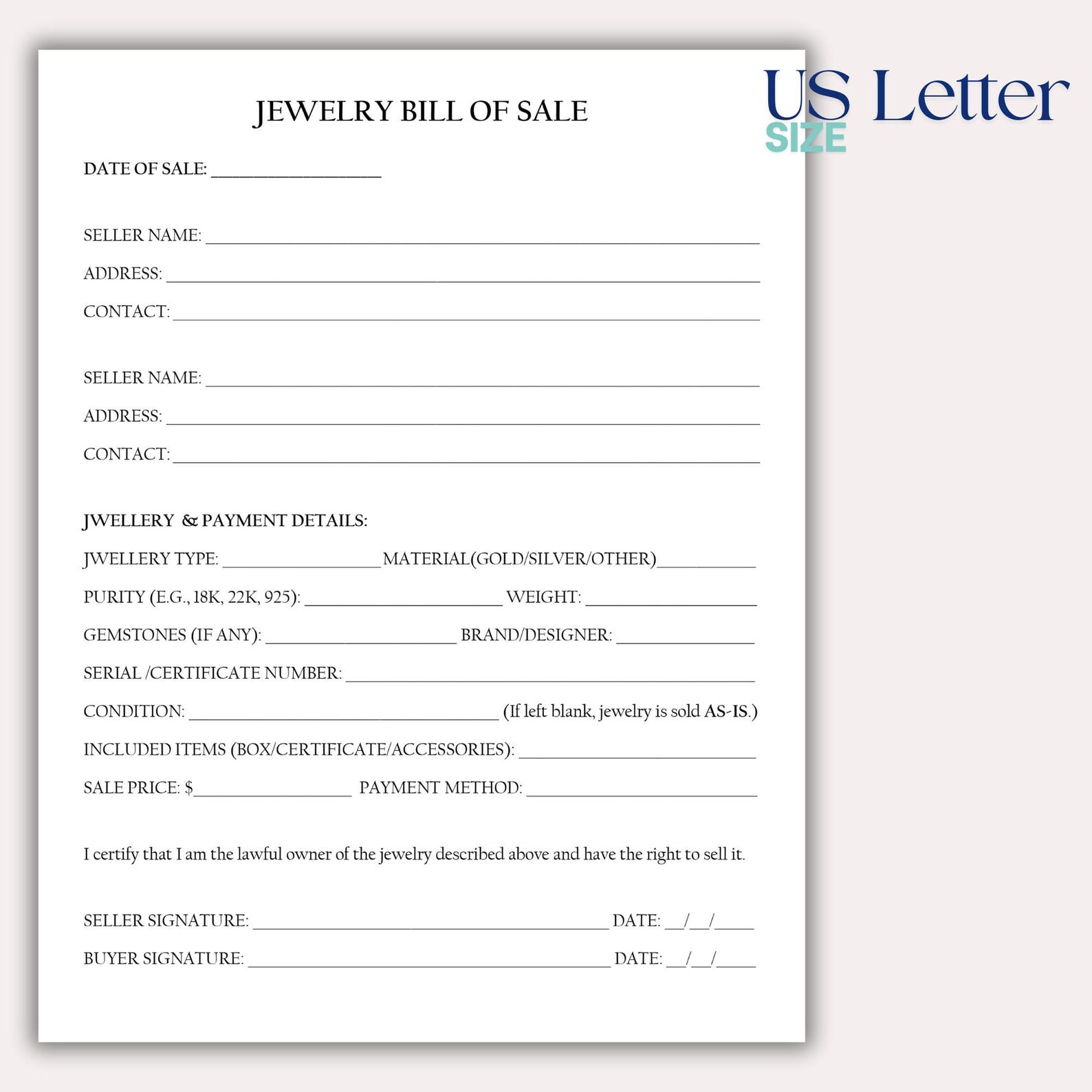Jewelry Bill of Sale Template, Printable Jewelry Sale Receipt, Necklace ...