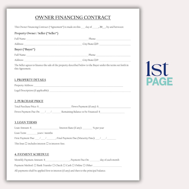 Editable Owner Financing Contract Template PDF, Printable Real Estate ...
