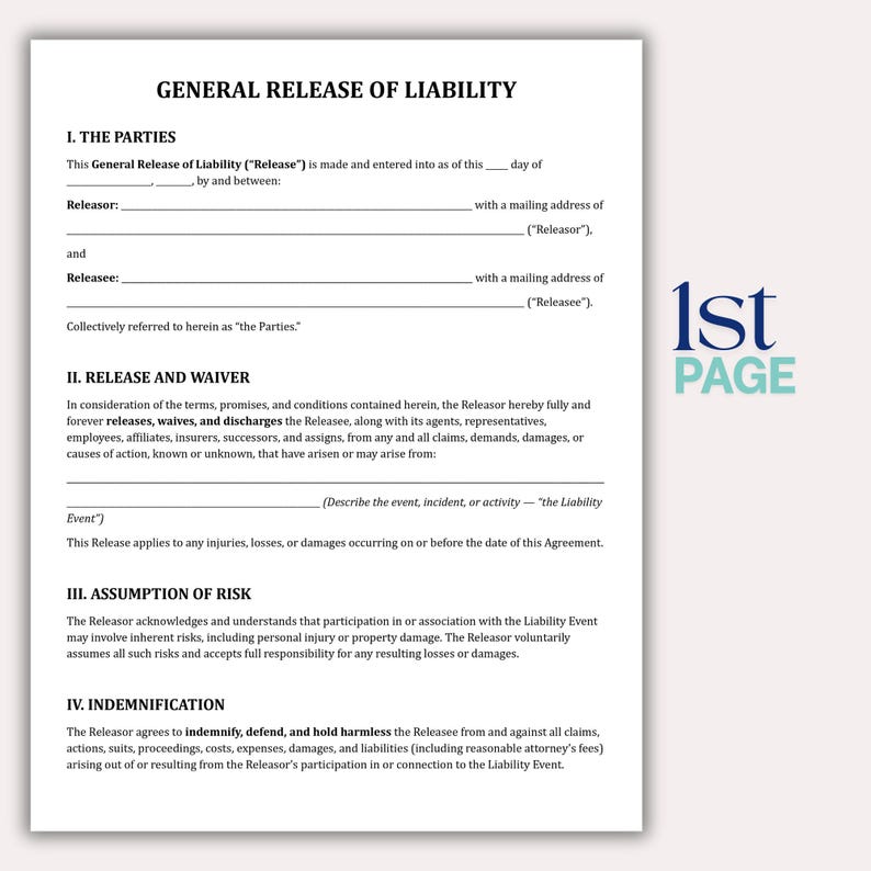 General Release of Liability Template, Editable Waiver Agreement PDF ...