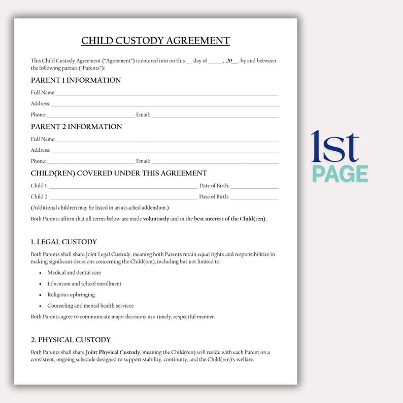 Child Custody Agreement Template, Editable Co-parenting Contract PDF ...