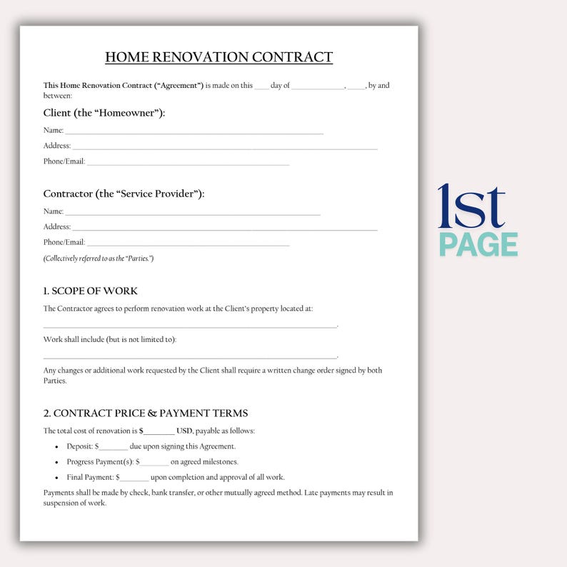 Home Renovation Contract Template, Remodeling Contractor Agreement ...
