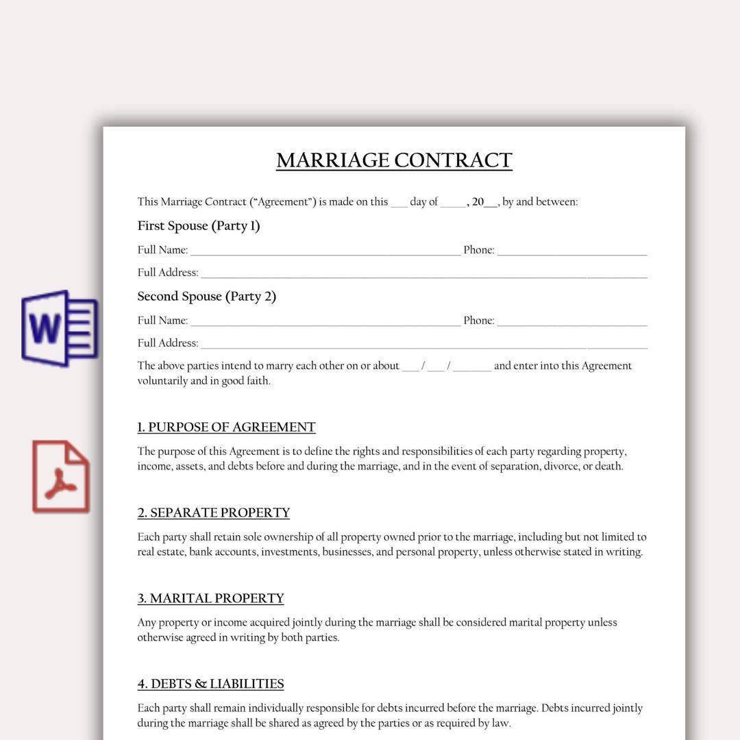 Marriage Contract Template, Editable Relationship Agreement for Couples ...