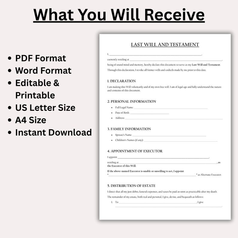 Last Will and Testament Template, Editable Legal Will Document PDF ...