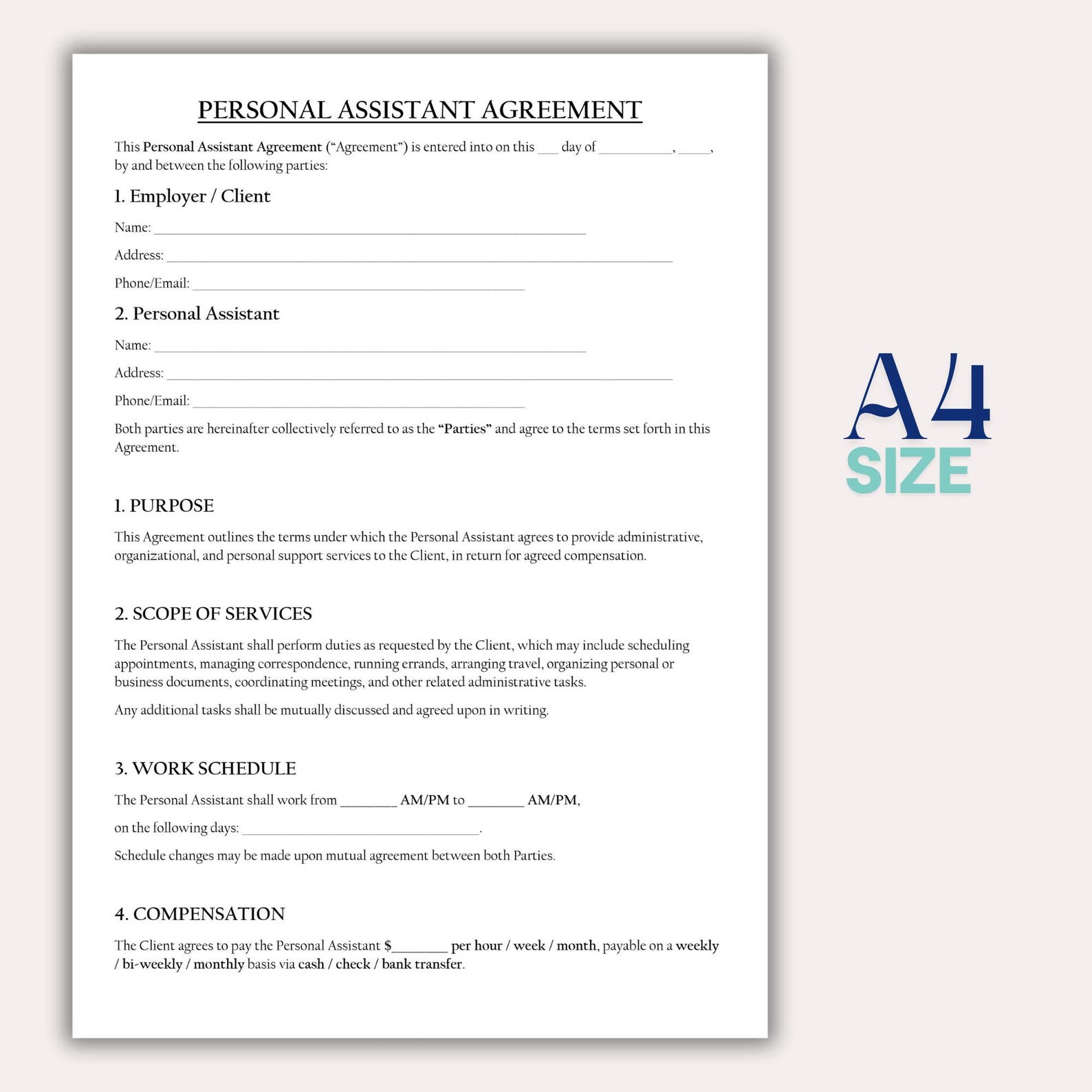Personal Assistant Agreement Template, Executive Assistant Contract PDF ...