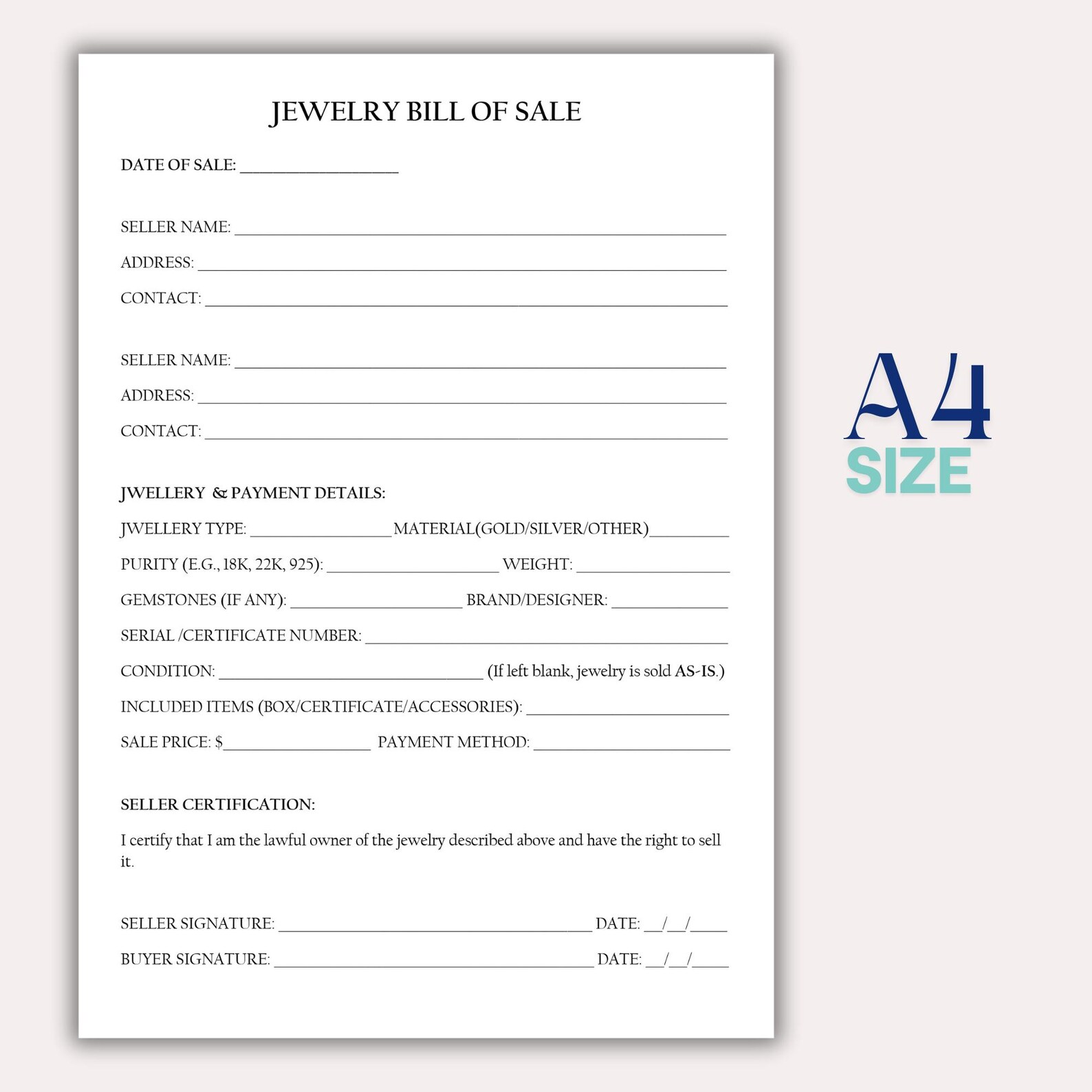 Jewelry Bill of Sale Template, Printable Jewelry Sale Receipt, Necklace ...
