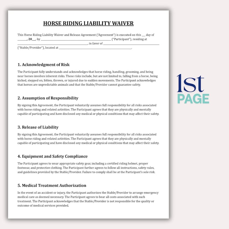 Horse Riding Liability Waiver Template, Equine Release of Liability ...