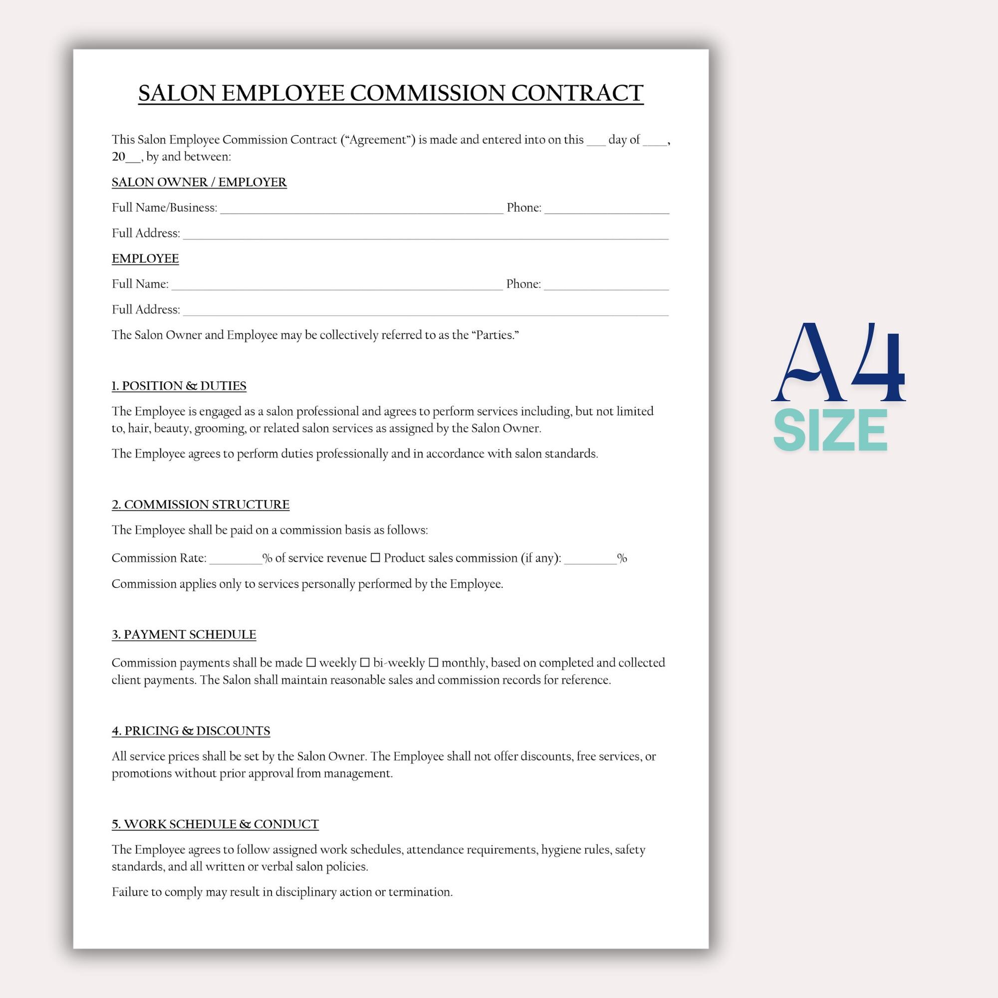 Customizable Salon Employee Commission Contract, Printable Hair Stylist ...