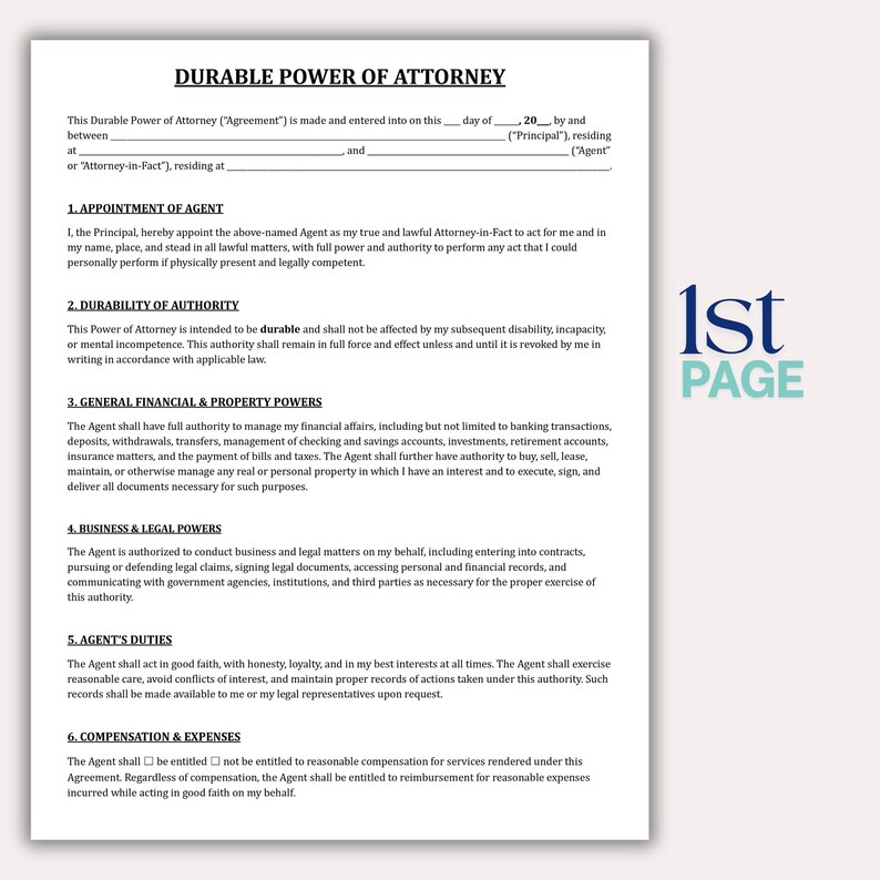 Durable Power of Attorney Template, Durable Power of Attorney Form ...