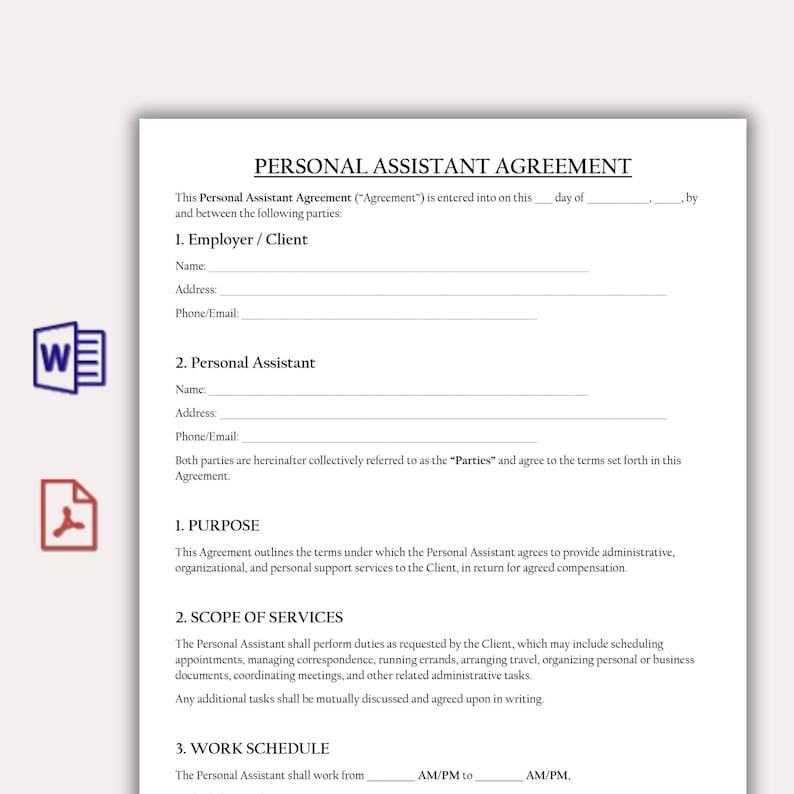 Personal Assistant Agreement Template, Executive Assistant Contract PDF ...