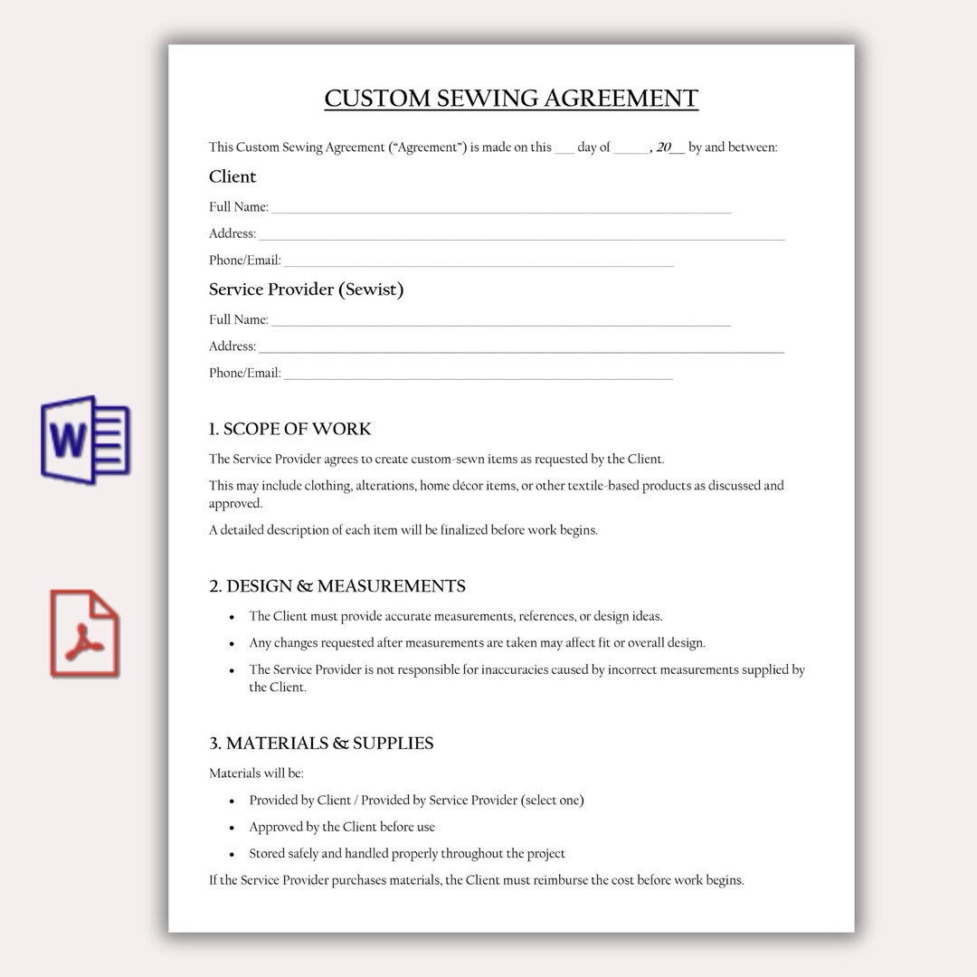 Custom Sewing Agreement Template, Editable Tailor Contract, Bespoke ...