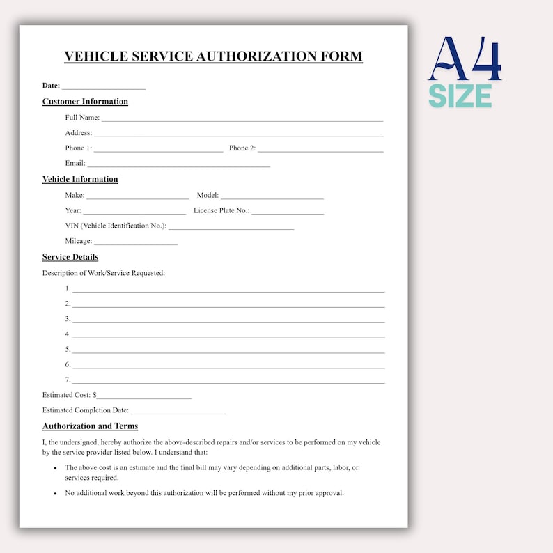 Editable Vehicle Service Authorization Form | Auto Repair Work Order ...