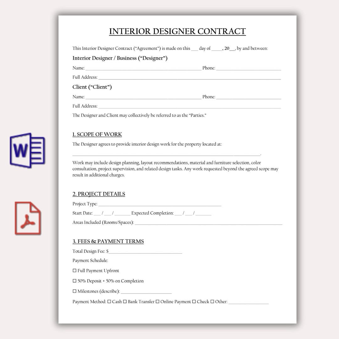 Printable Interior Design Contract, Editable Interior Design Agreement ...