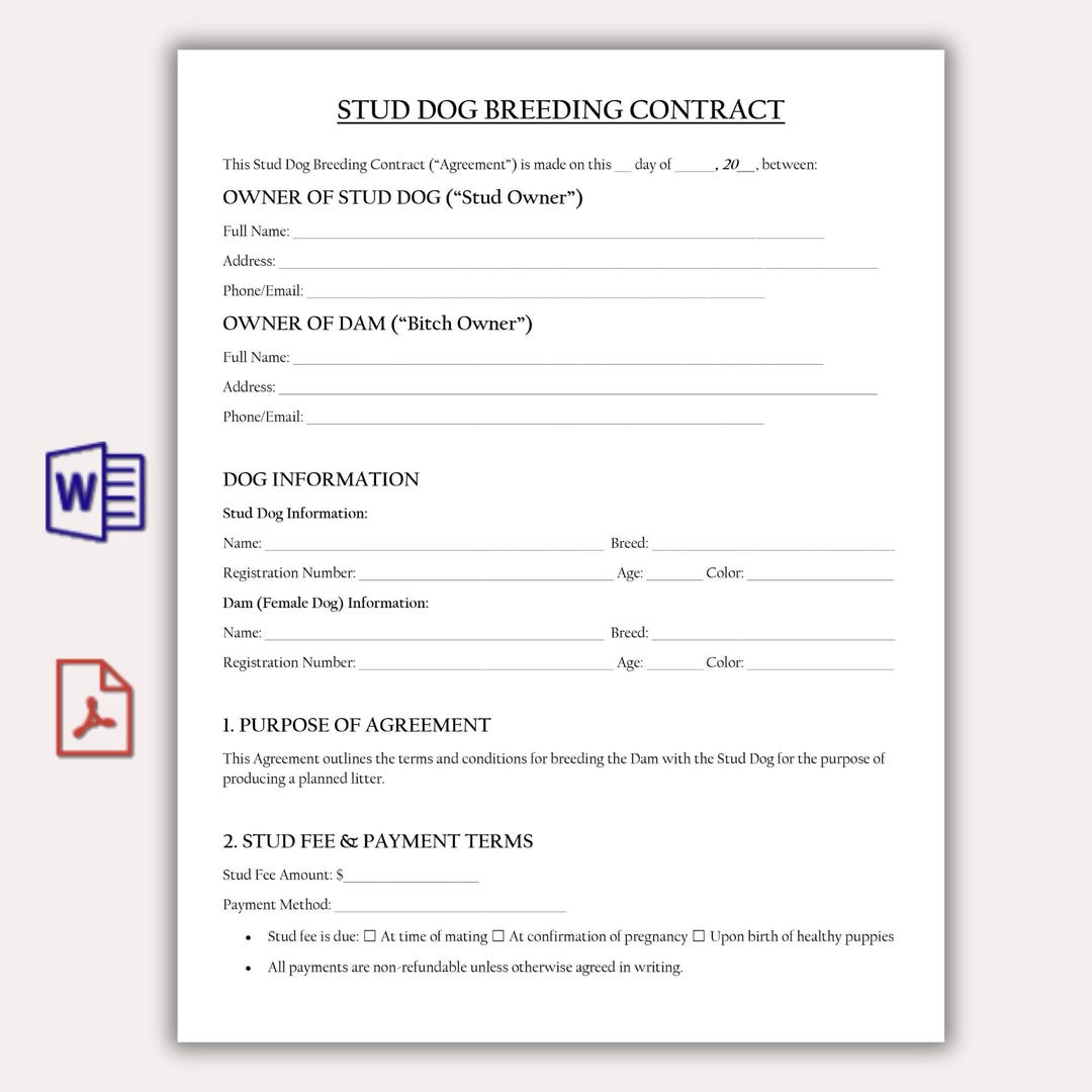 Stud Dog Breeding Contract Template, Editable Dog Mating Agreement PDF ...