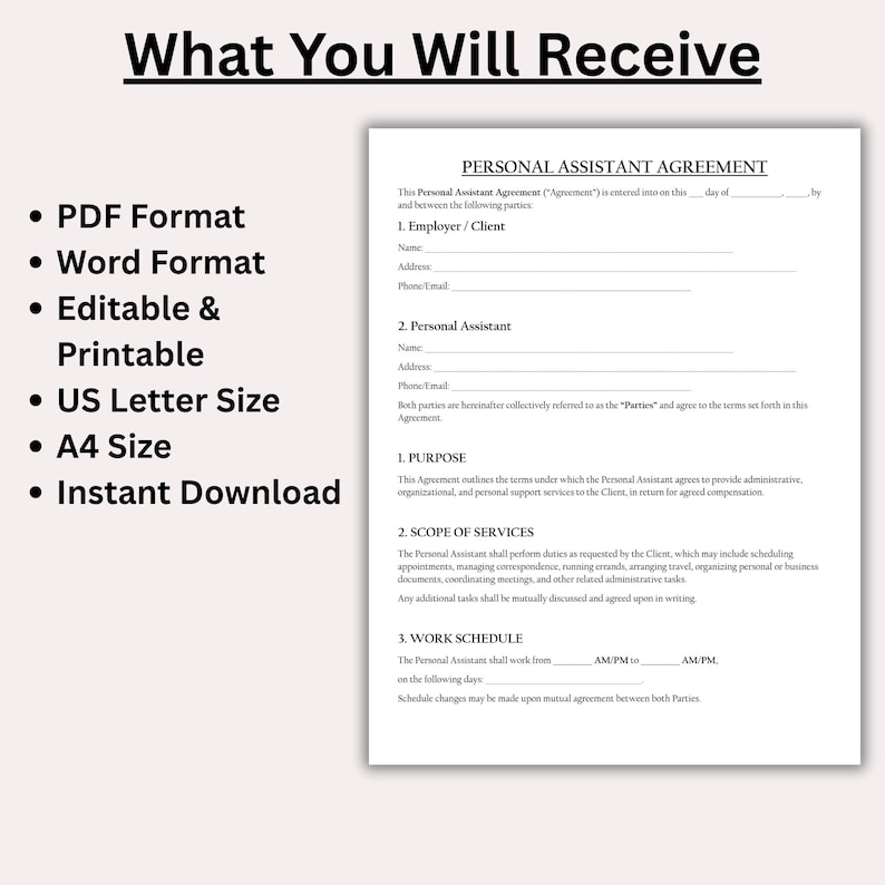 Personal Assistant Agreement Template, Executive Assistant Contract PDF ...