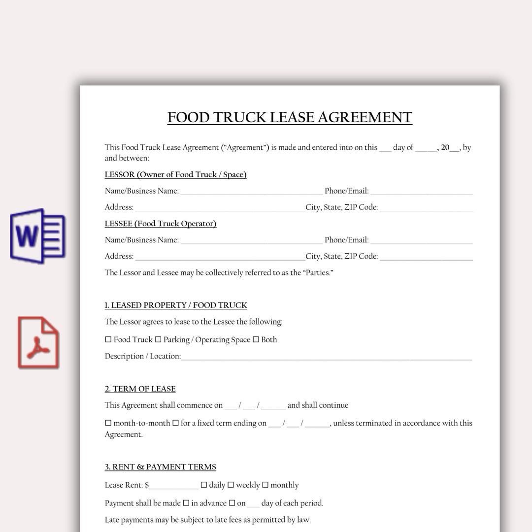 Food Truck Lease Agreement Template, Mobile Kitchen Rental Contract, RV ...