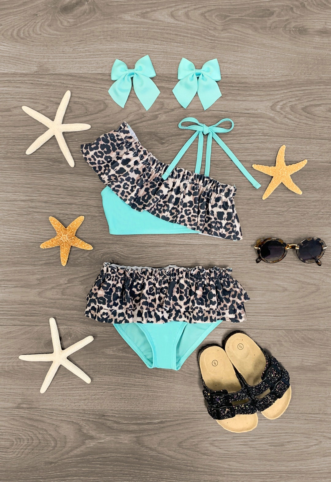Girls Mint Cheetah Two Piece Swimsuit Girls Cheetah One Shoulder Bikini ...