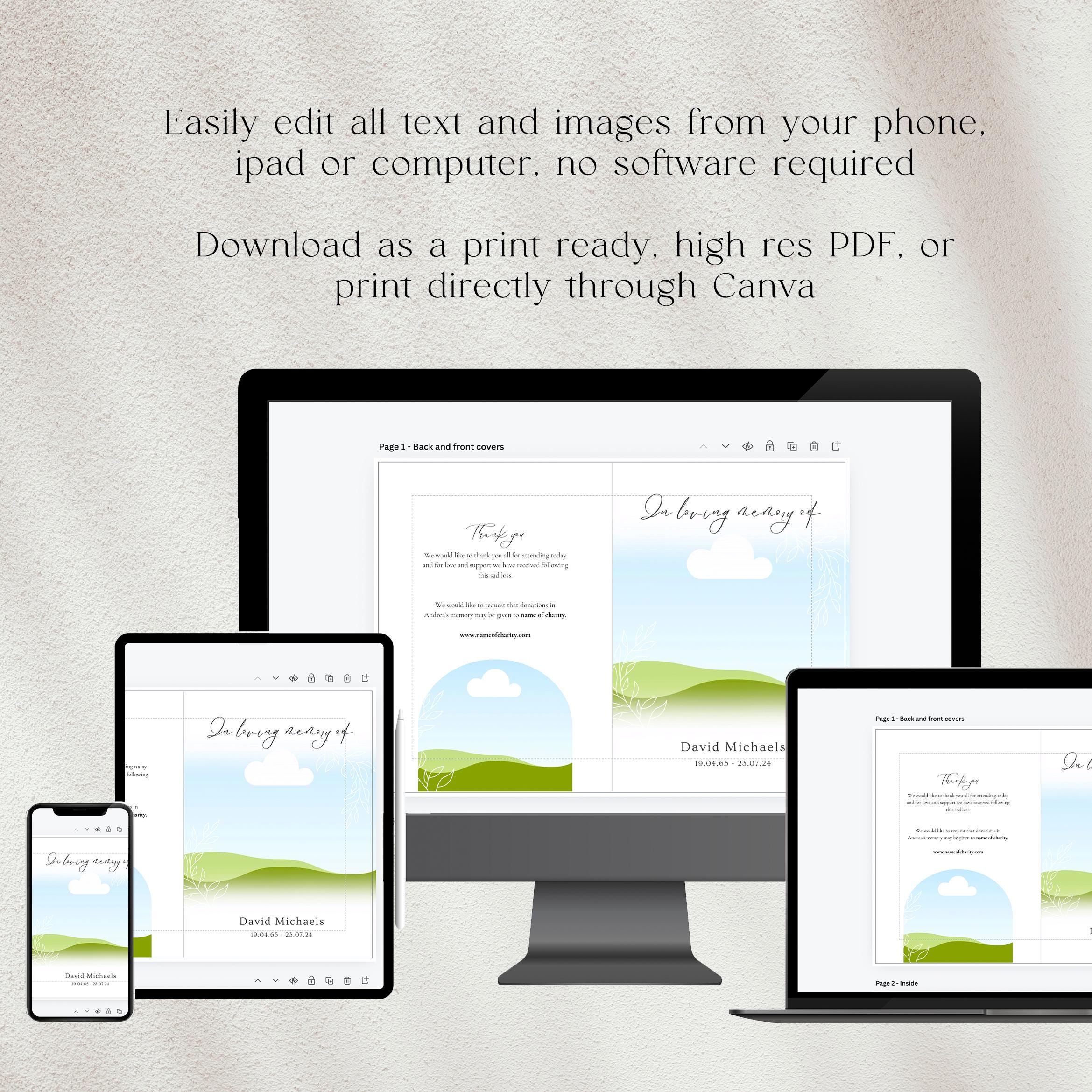 Funeral Order of Service Program Booklet Modern, Template Printable ...