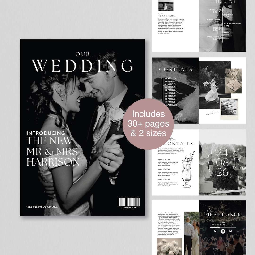 Editable Wedding Magazine Template, Modern Program Booklet (A4 & 8x11 ...