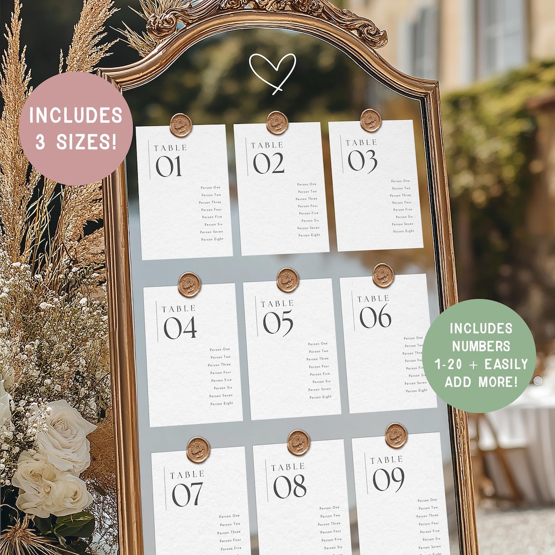 Wedding Seating Chart Template, Table Numbers, Modern Minimalist ...