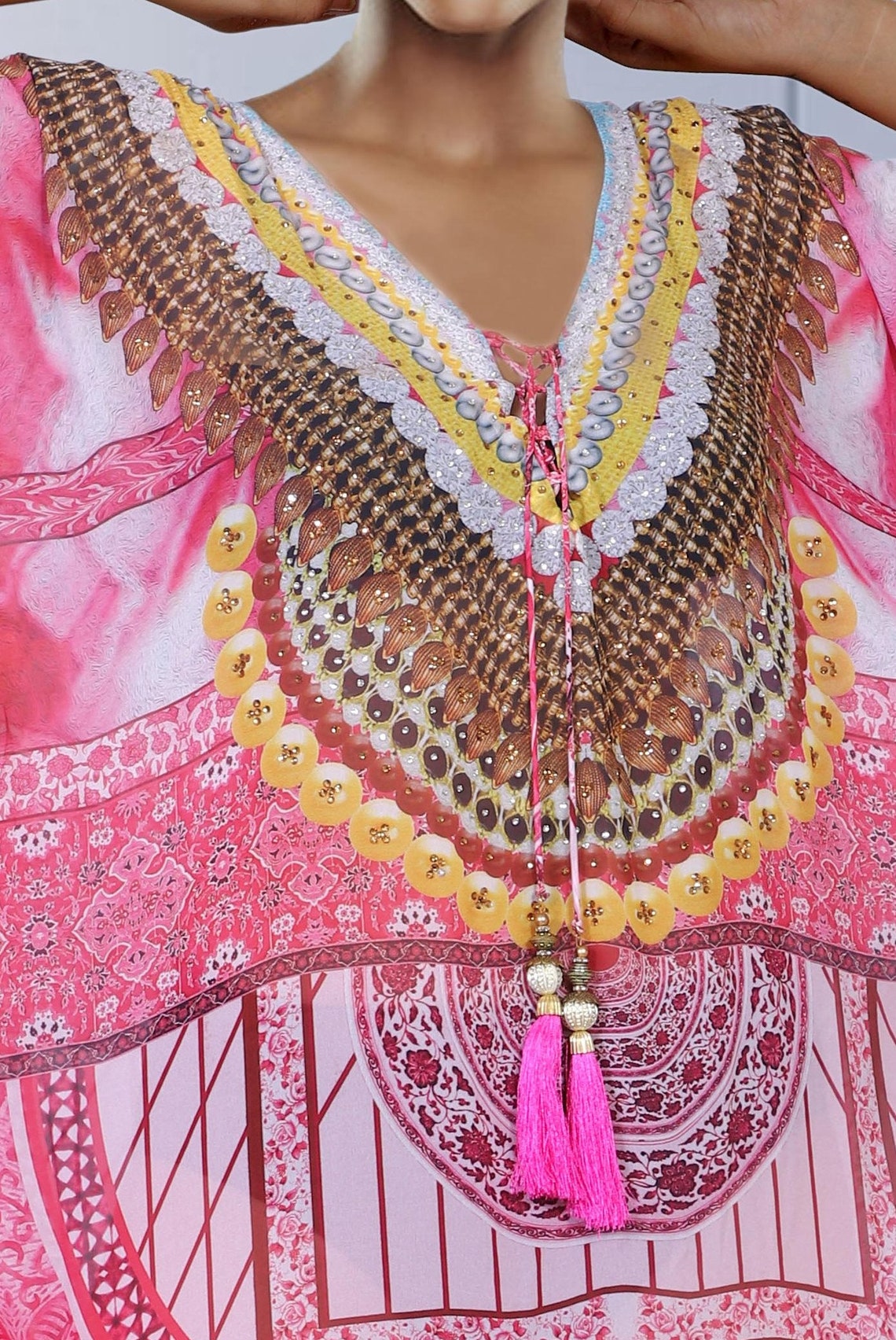 Pink Color Floral Art on Lace up Kaftan With Side Splits - Etsy