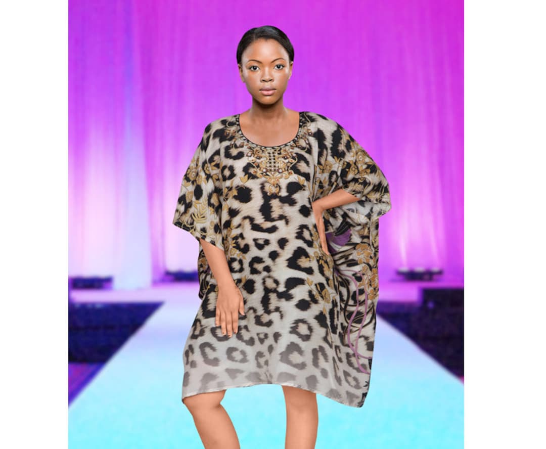 Leopard Print Silk Caftan for Women Beautiful Kaftan Beach Wear Pure ...