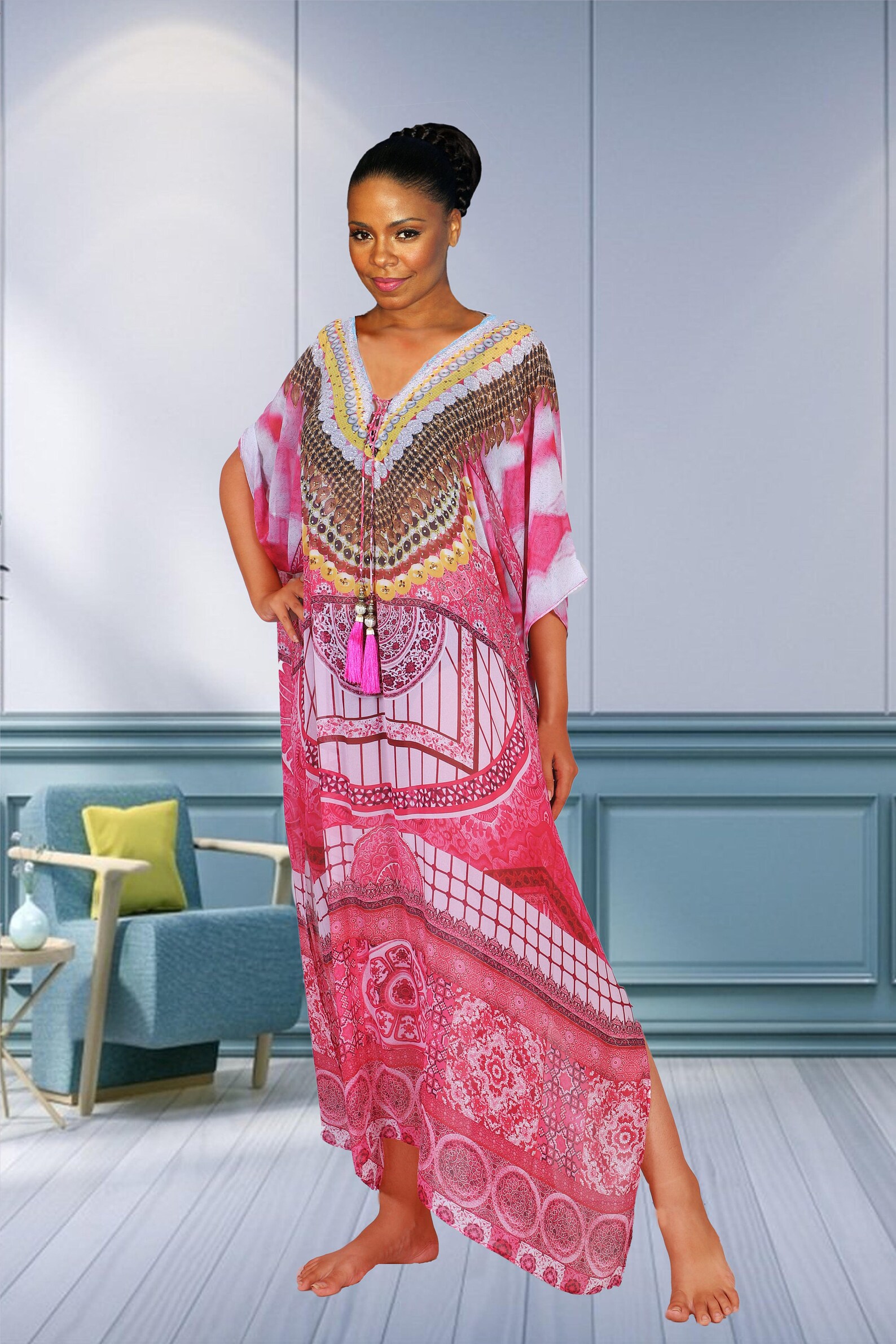 Pink Color Floral Art on Lace up Kaftan With Side Splits - Etsy