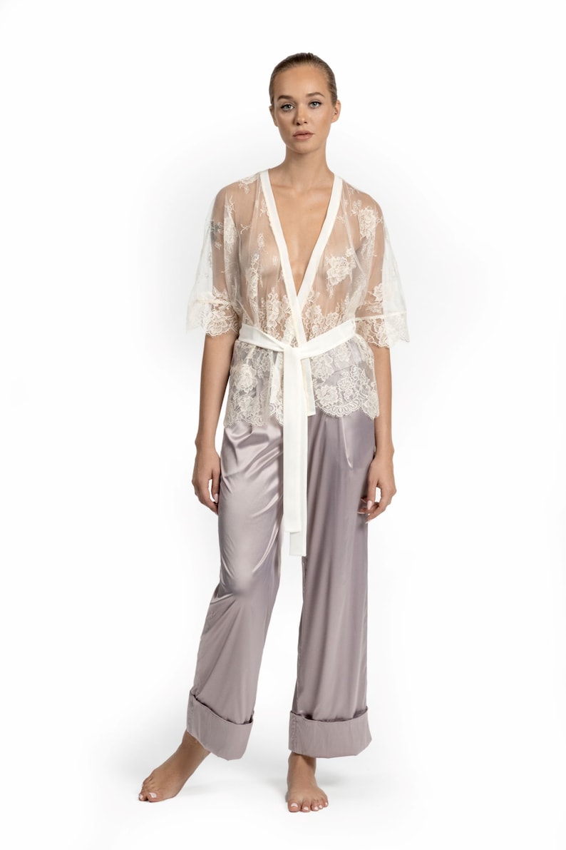 Ivory Lace Transparent Pajama Set Women Summer Pjs See Through Top and ...