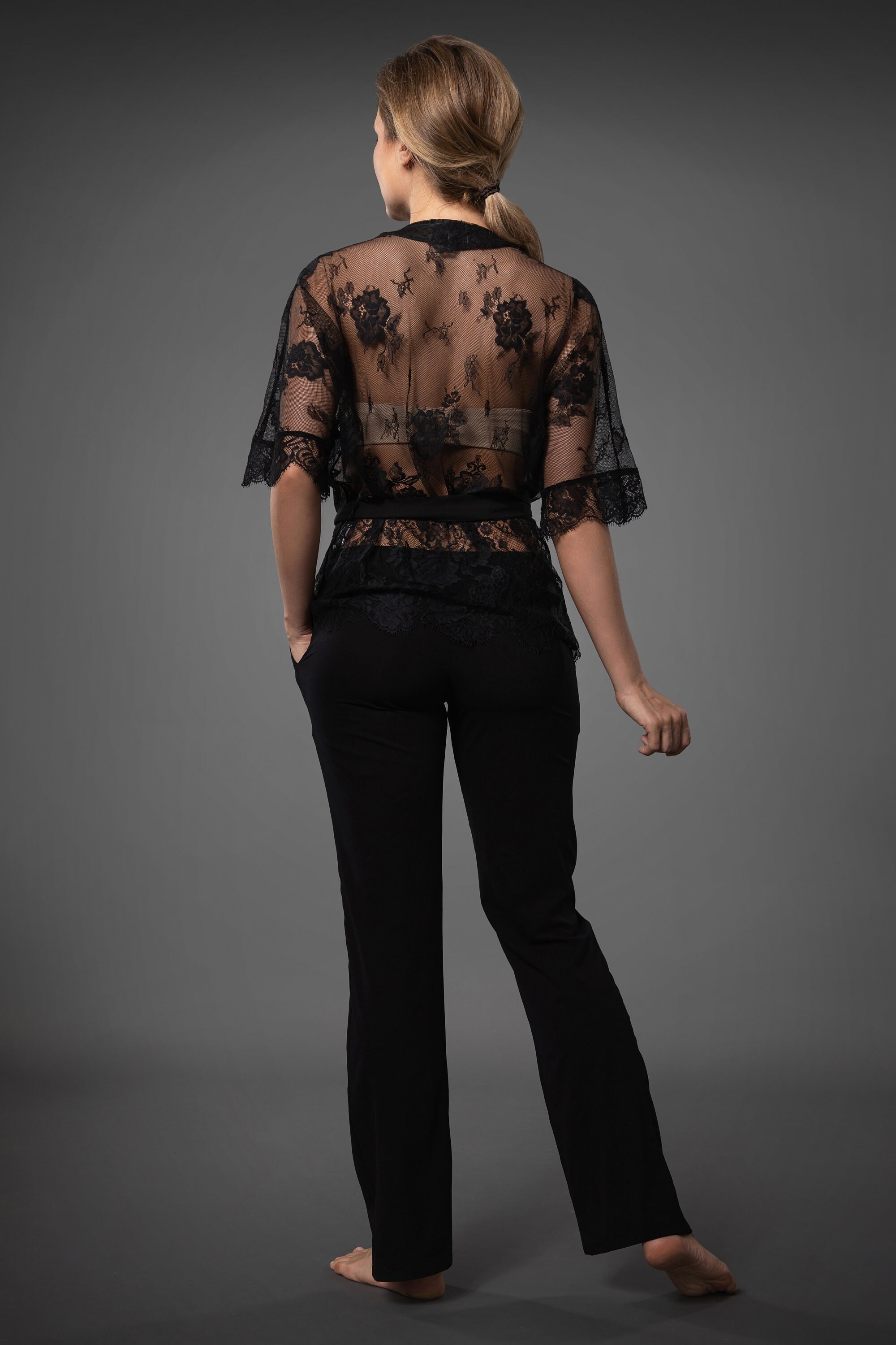 Black Lace Transparent Pajama Set Women Summer Pjs See Through Top and ...