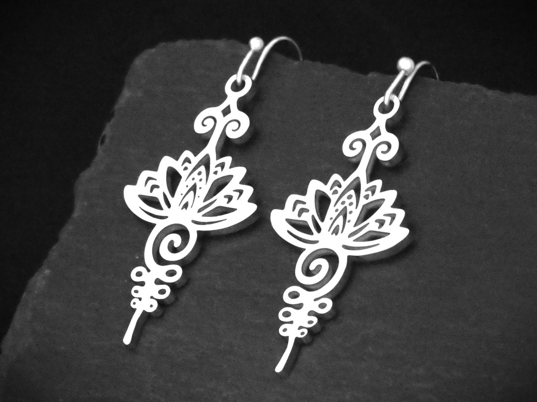 Unalome & Lotus Earrings, Gold or Silver Stainless Steel Yoga Jewelry ...