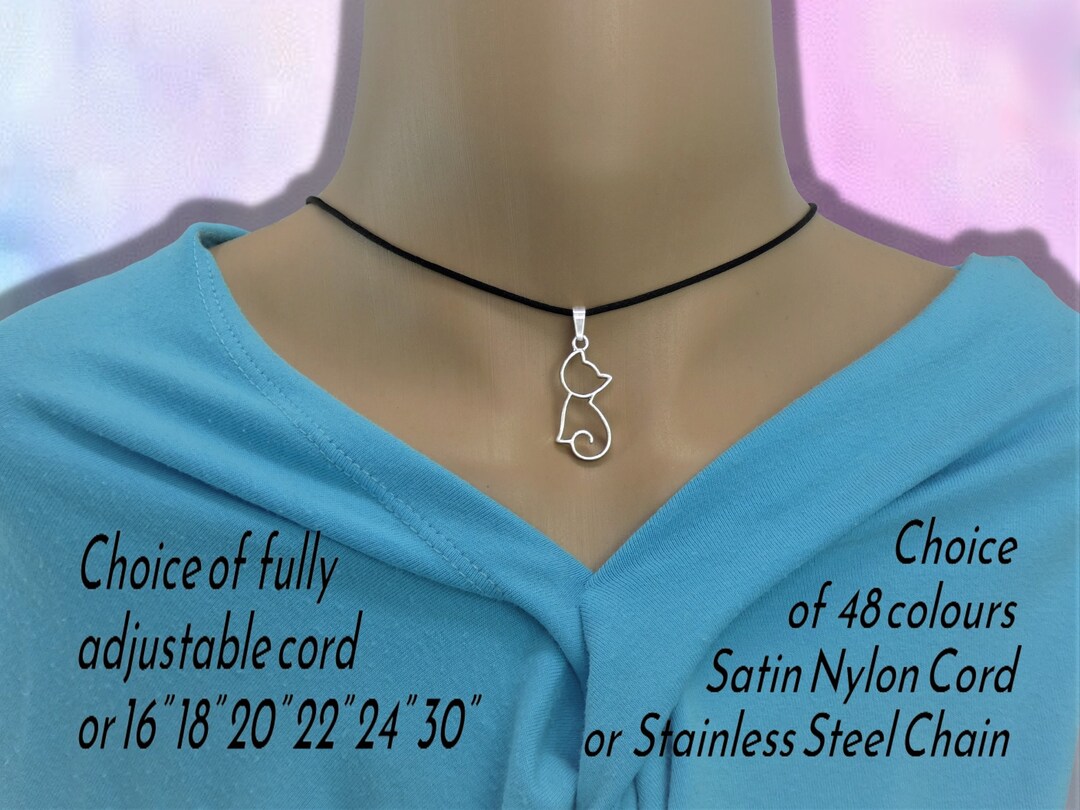 Unisex Cat Pendant Necklace on Cord or Chain, Kitten Outline Jewelry ...