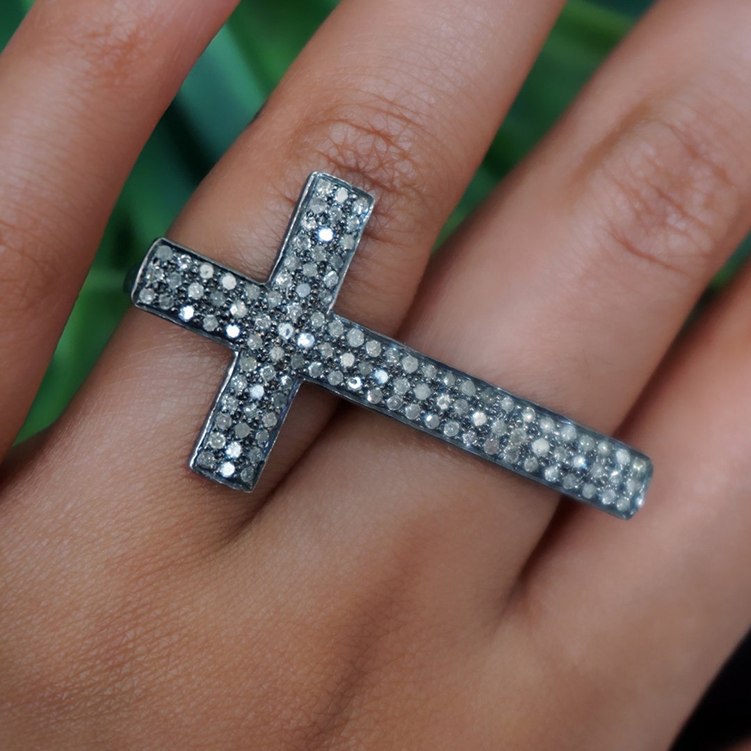 Natural 1.20 Ct Diamond Pave Two Finger Cross Ring Solid 925 - Etsy