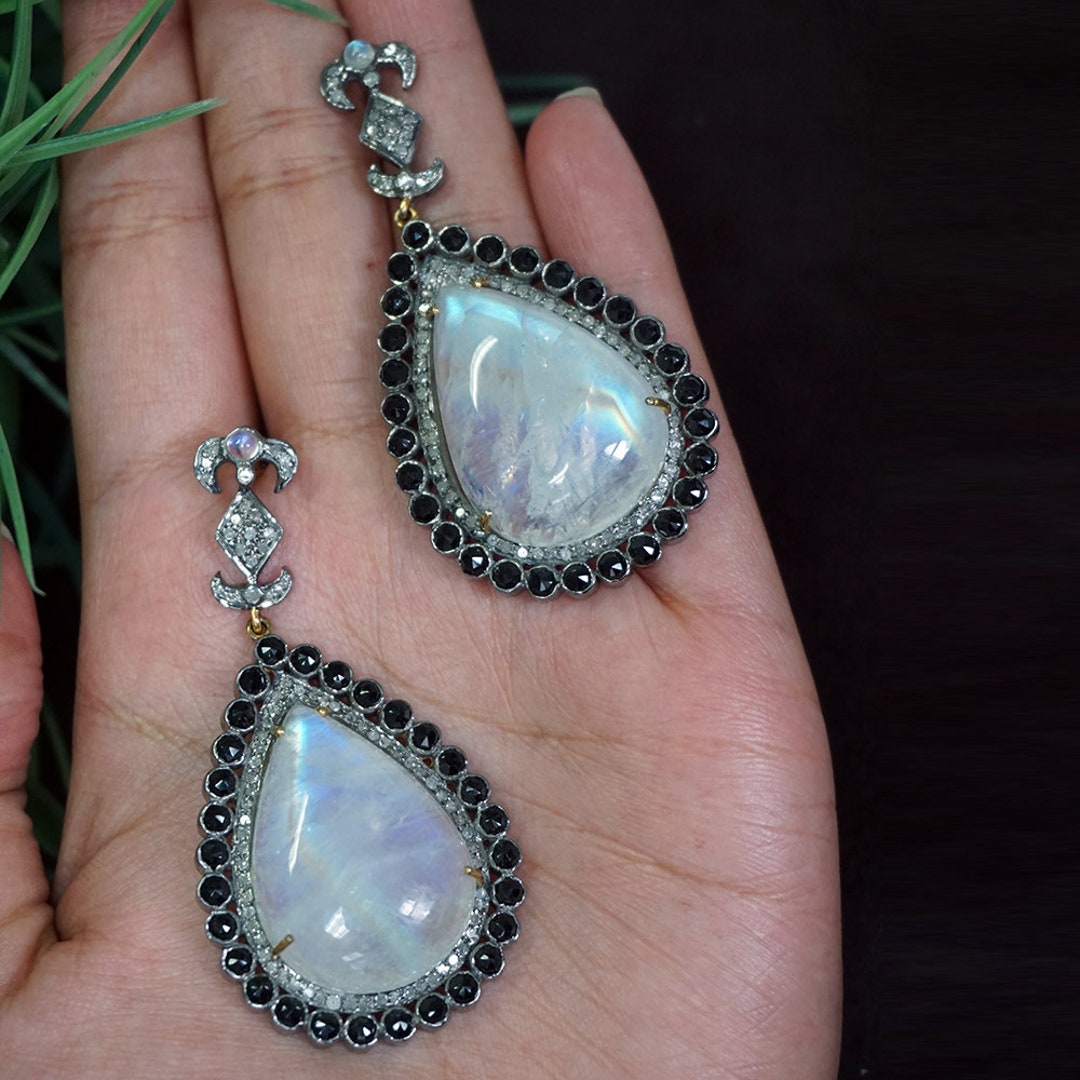Rainbow Moonstone Black Spinel Drop Dangle Earrings 925 Sterling Silver ...