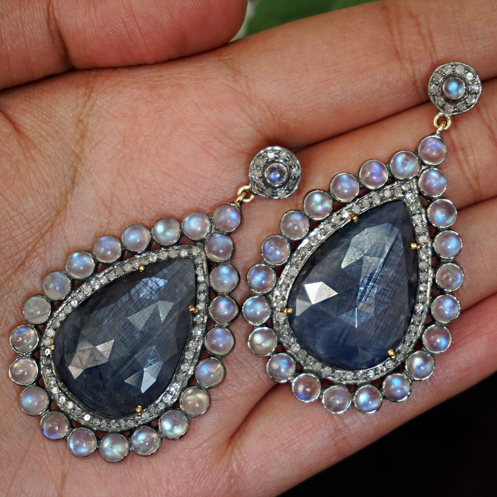 Real 1.55 ct Pave Diamond Rainbow Moonstone Blue Sapphire | Etsy