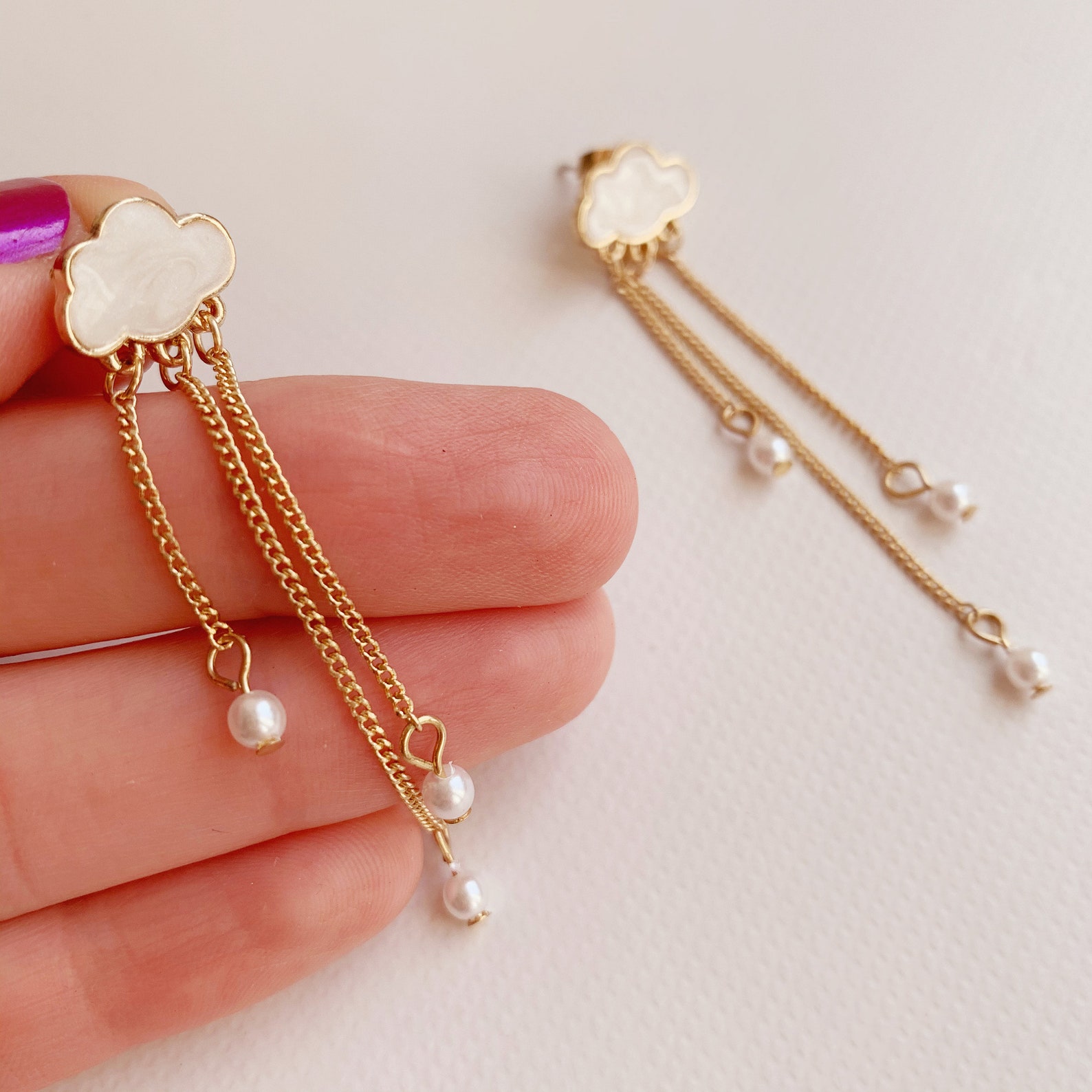 Pearly Enamel Rain Cloud Chain Tassel Pearl Drop Earrings - Etsy