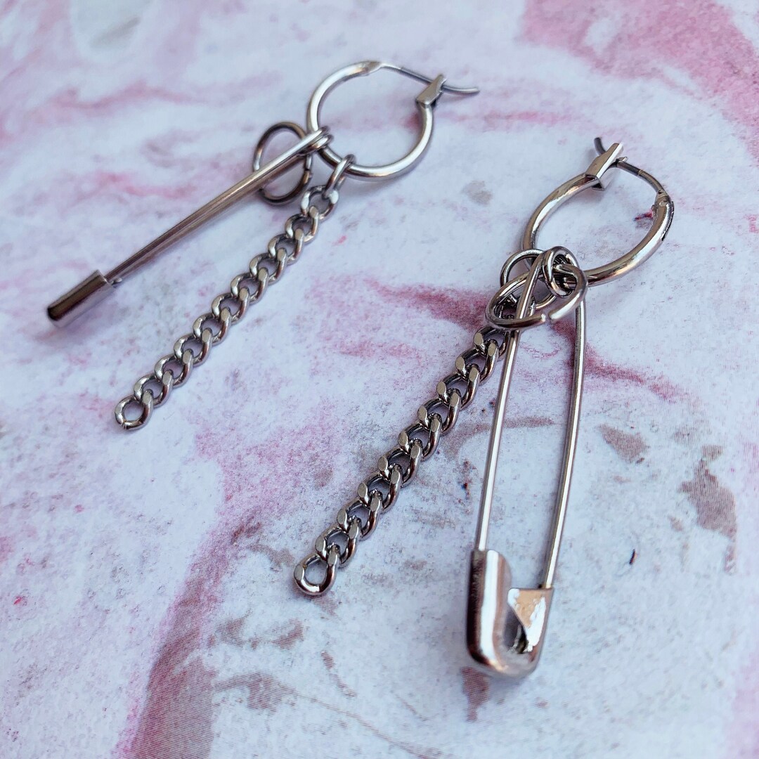 BTS Inspired Punk Style Safety Pin Drop Earrings, Kpop Earrings, Punk ...