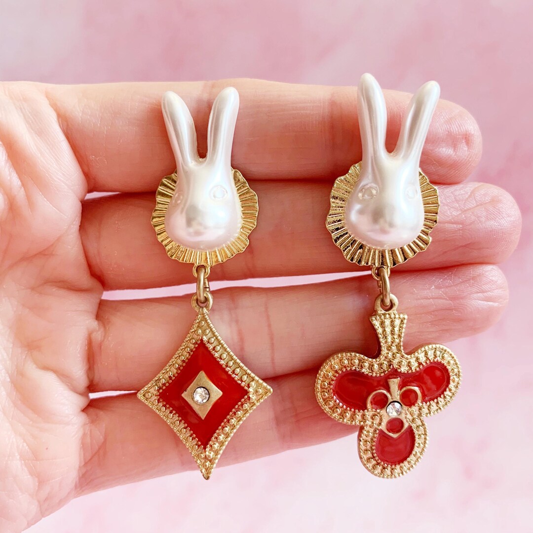 White Rabbit Mismatch Playing Cards Earrings, Asymmetric Style Red ...