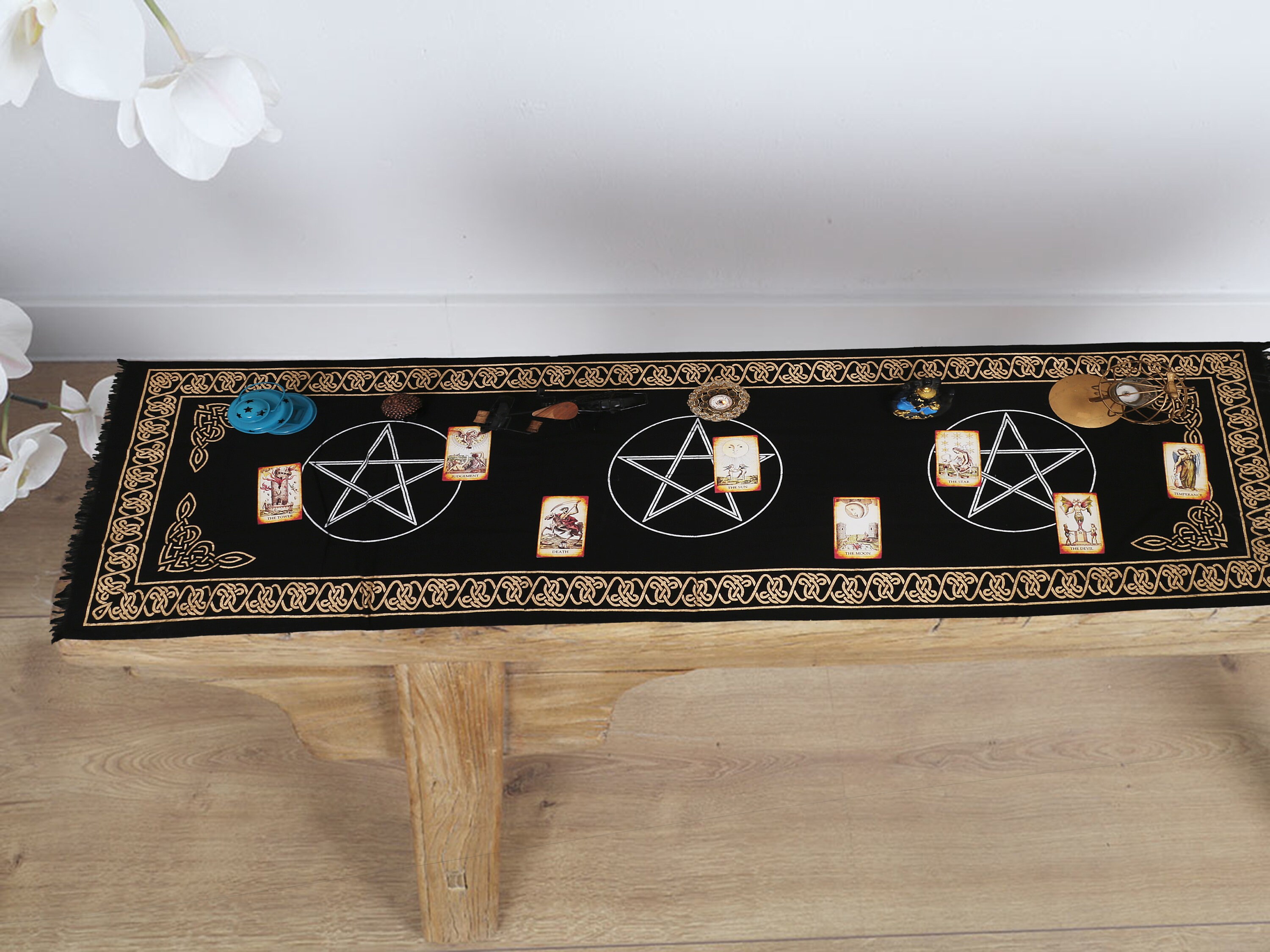 Triple Moon Pentagram Altar Cloth: Gold & Silver Screen Print (72x22 ...